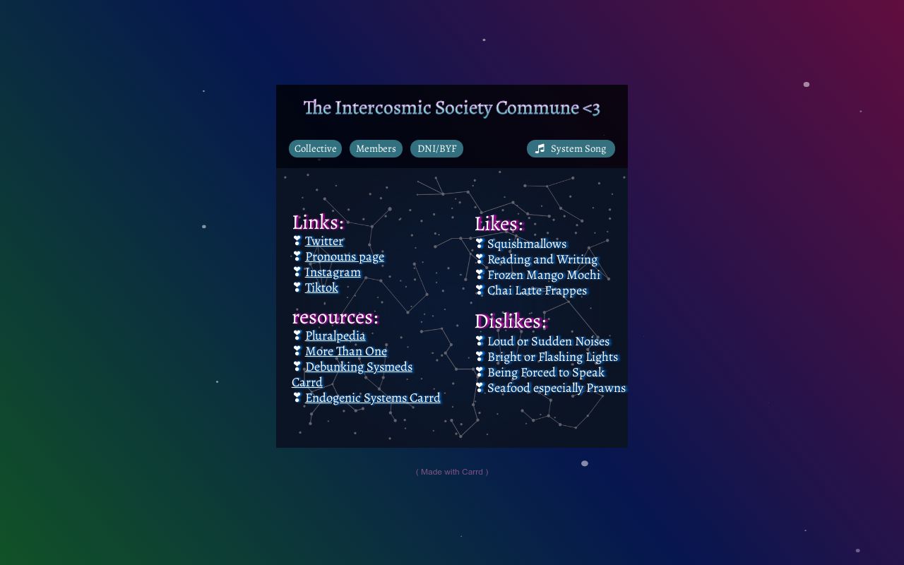 The Intercosmic Society Commune Carrd
